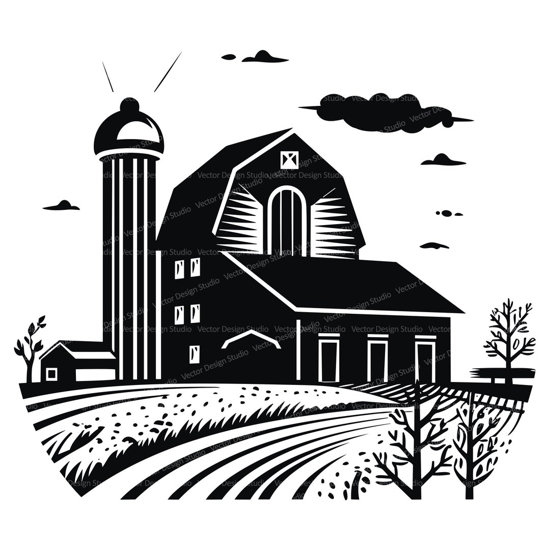 Old Farm Barn With Silo Svg & PNG Files, Farm Illustration Silhouette ...