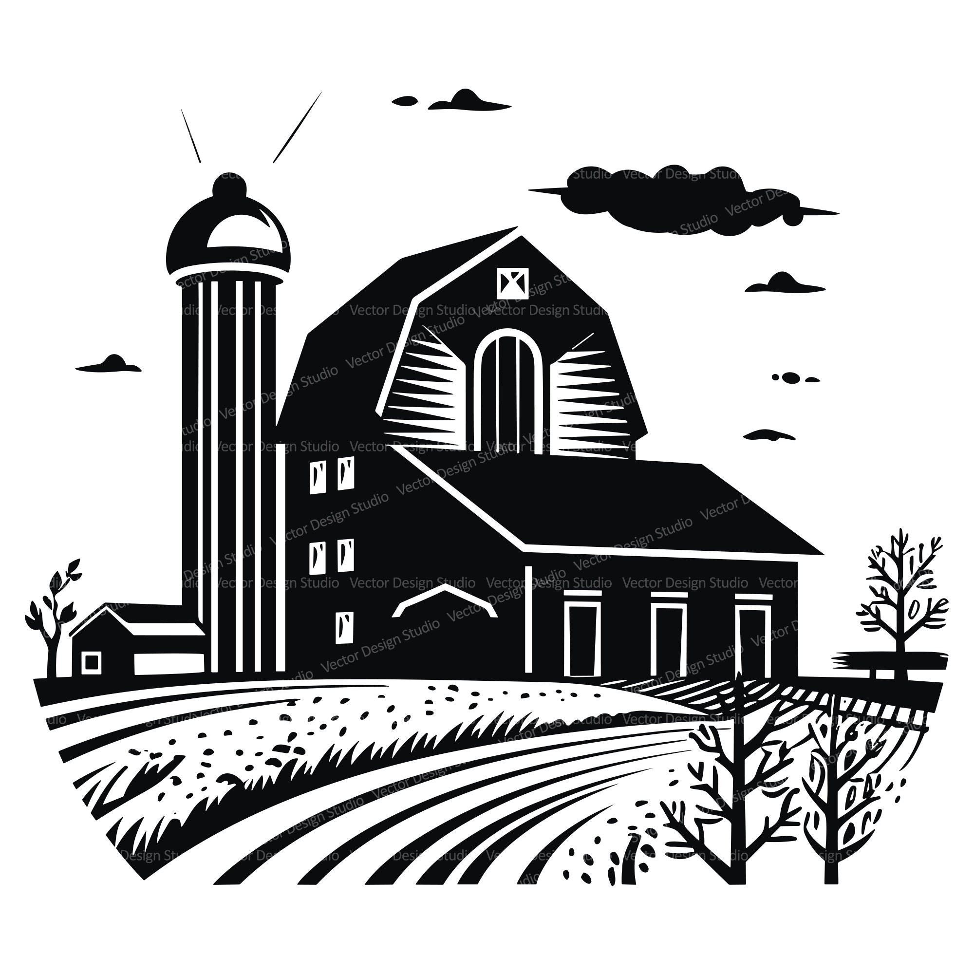 Old Farm Barn With Silo Svg & PNG Files, Farm Illustration Silhouette ...