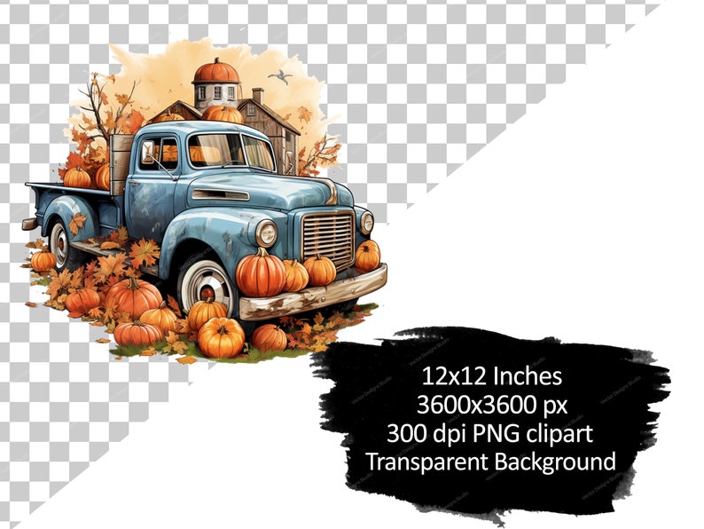 Vintage Blue Farm Truck With Pumpkins PNG, Fall Clipart (digital ...