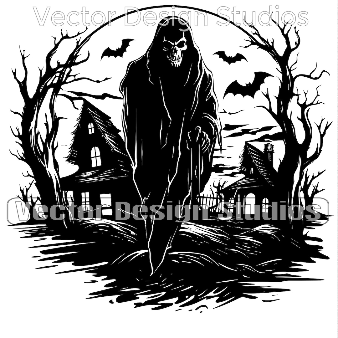 Grim Reaper Haunted House Svg & Png File Graphic, Halloween Silhouette ...