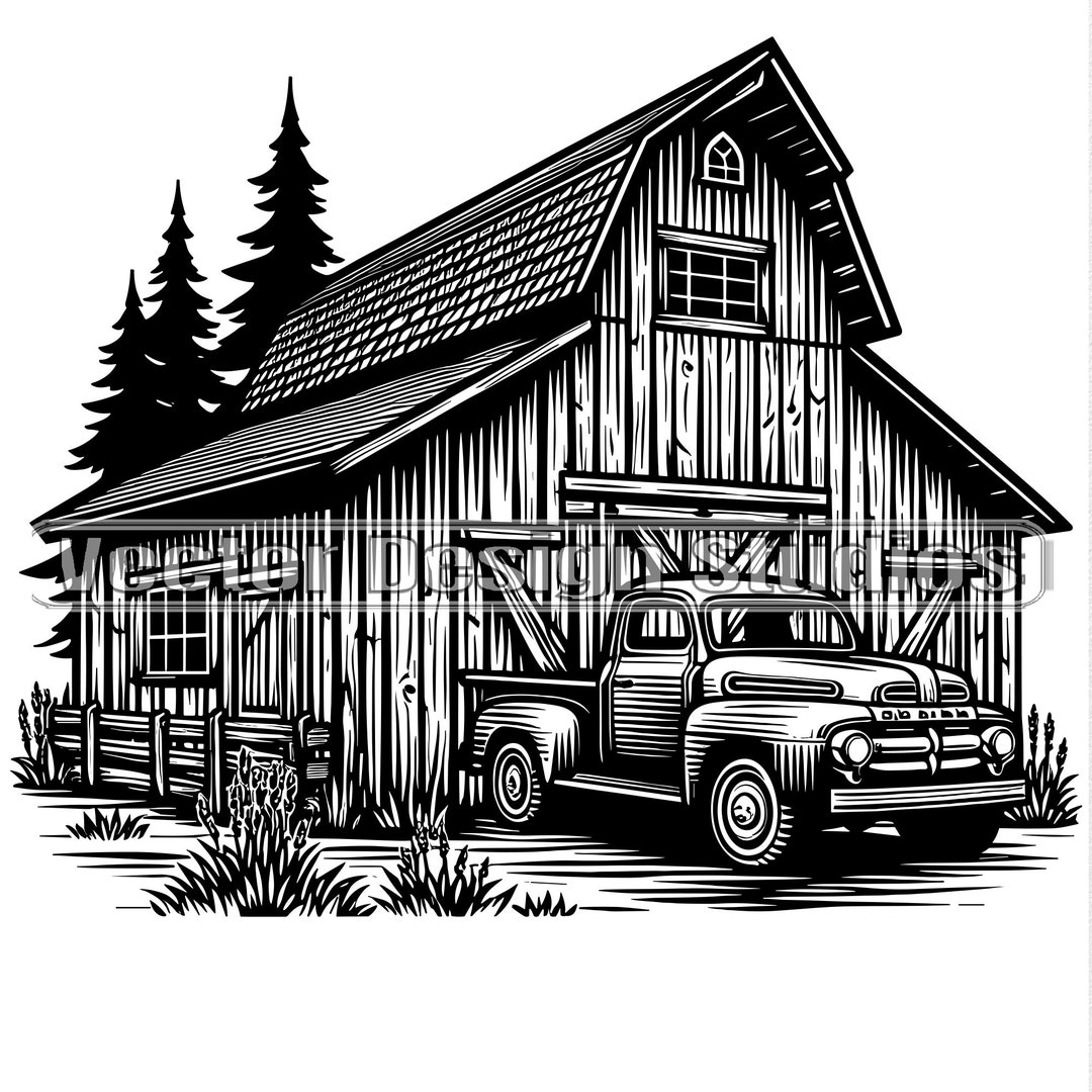 Rustic Barn With Old Truck SVG File - Old Farm Barn Vector Images ...