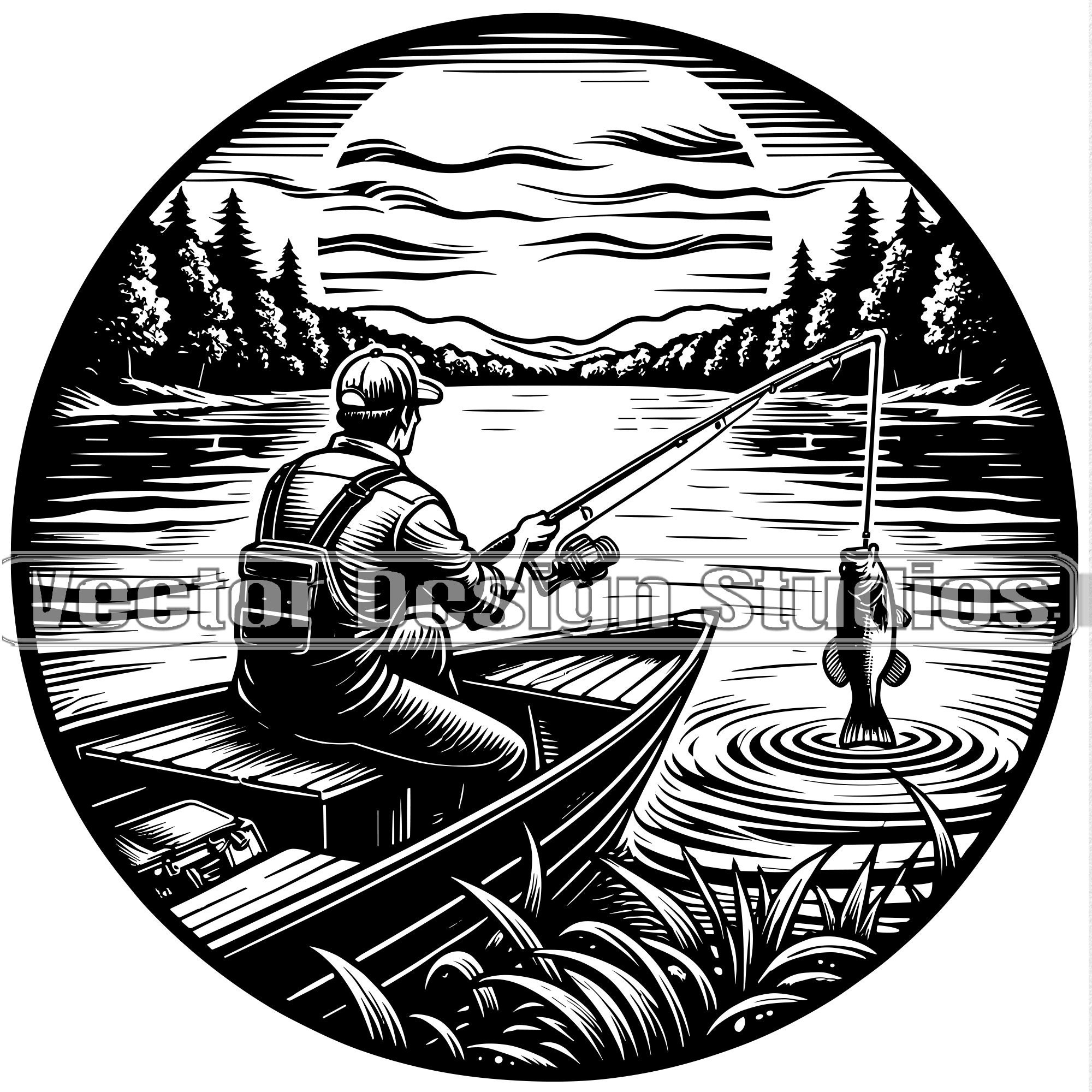 Line Drawing Of Man Fishing