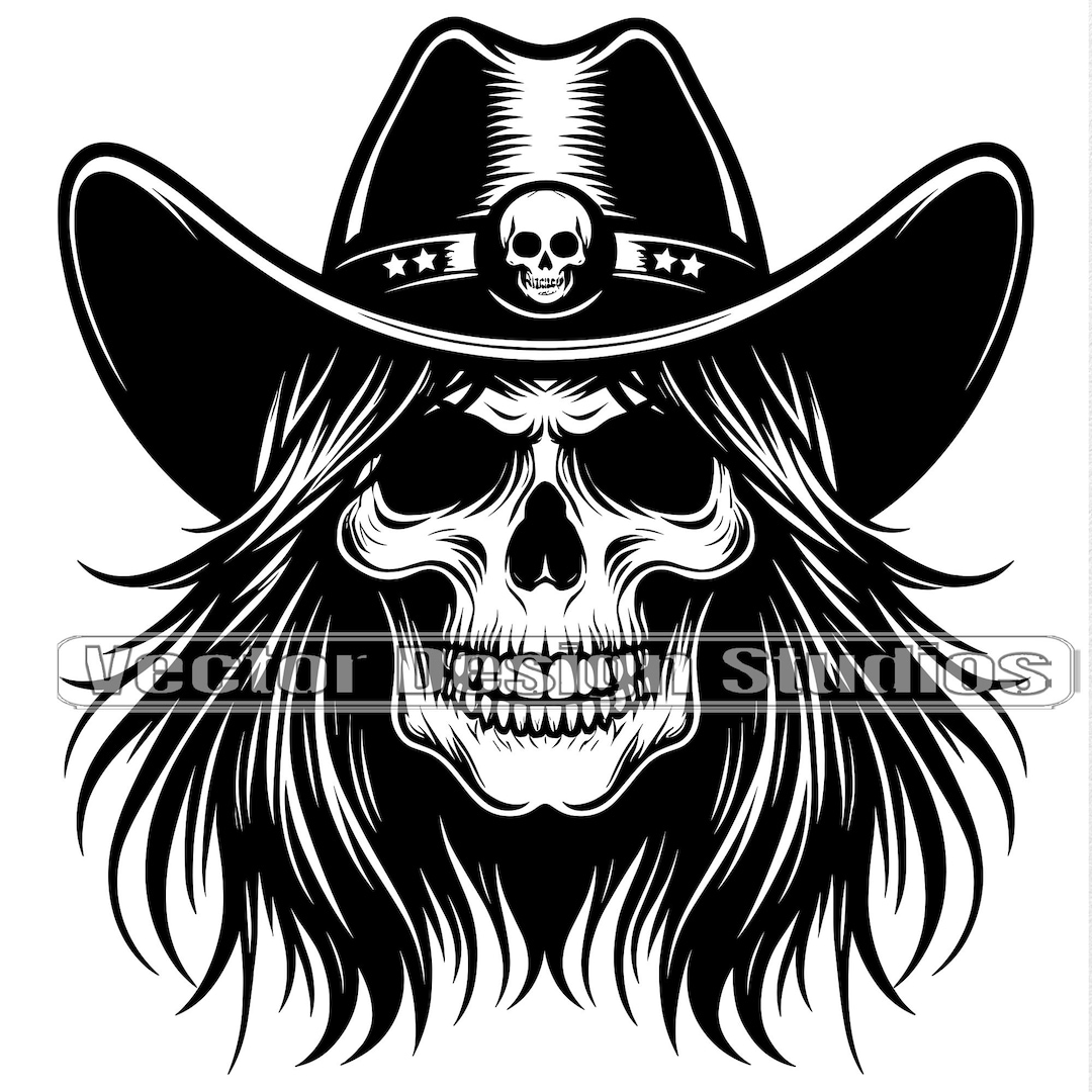 Skull Cowboy Svg & PNG Files, Skull Cowboy Hat Clipart Silhouette Vector Image, Skeleton Head ...