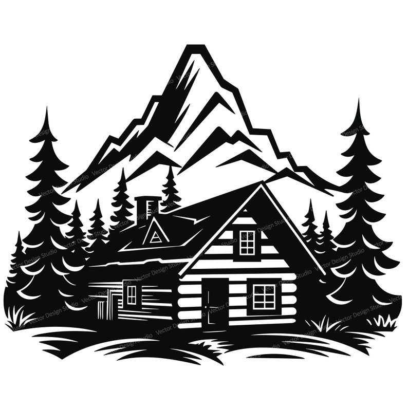 Log Cabin With Mountains Svg & PNG Files ,nature Silhouette Vector ...