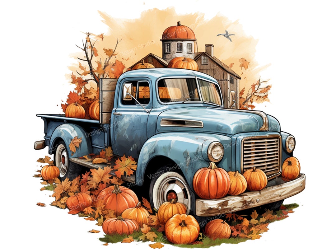 Old Retro Blue Farm Truck With Pumpkins Png for Sublimation, Rustic ...