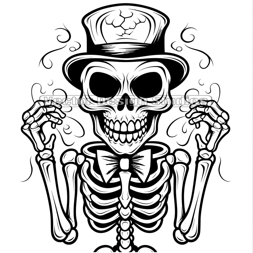 Skeleton Skull With Top Hat Svg & PNG Files, Halloween Bones Clipart ...