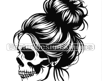 Messy Bun Girl Skull Svg & PNG Files, Mom Bun Hair Face Clipart ...
