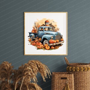 Old Retro Blue Farm Truck With Pumpkins Png for Sublimation, Rustic ...