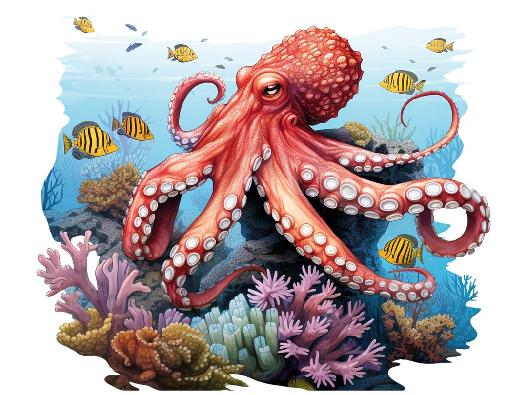Octopus in Coral Reef Png for Sublimation, Octopus Clip Art, T Shirt ...