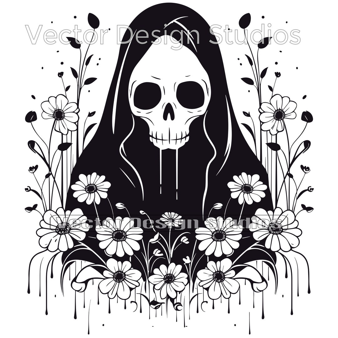 Grim Reaper With Flowers Svg & PNG Files, Halloween Clipart Silhouette ...
