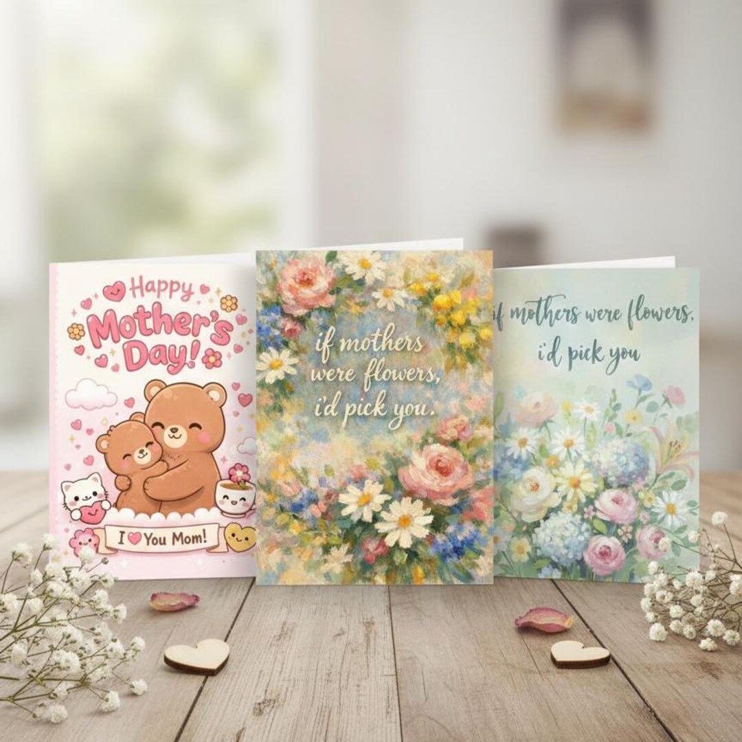 Kawaii Mother’s Day Card Digital Download | Mama Bear & Cub or Floral ...
