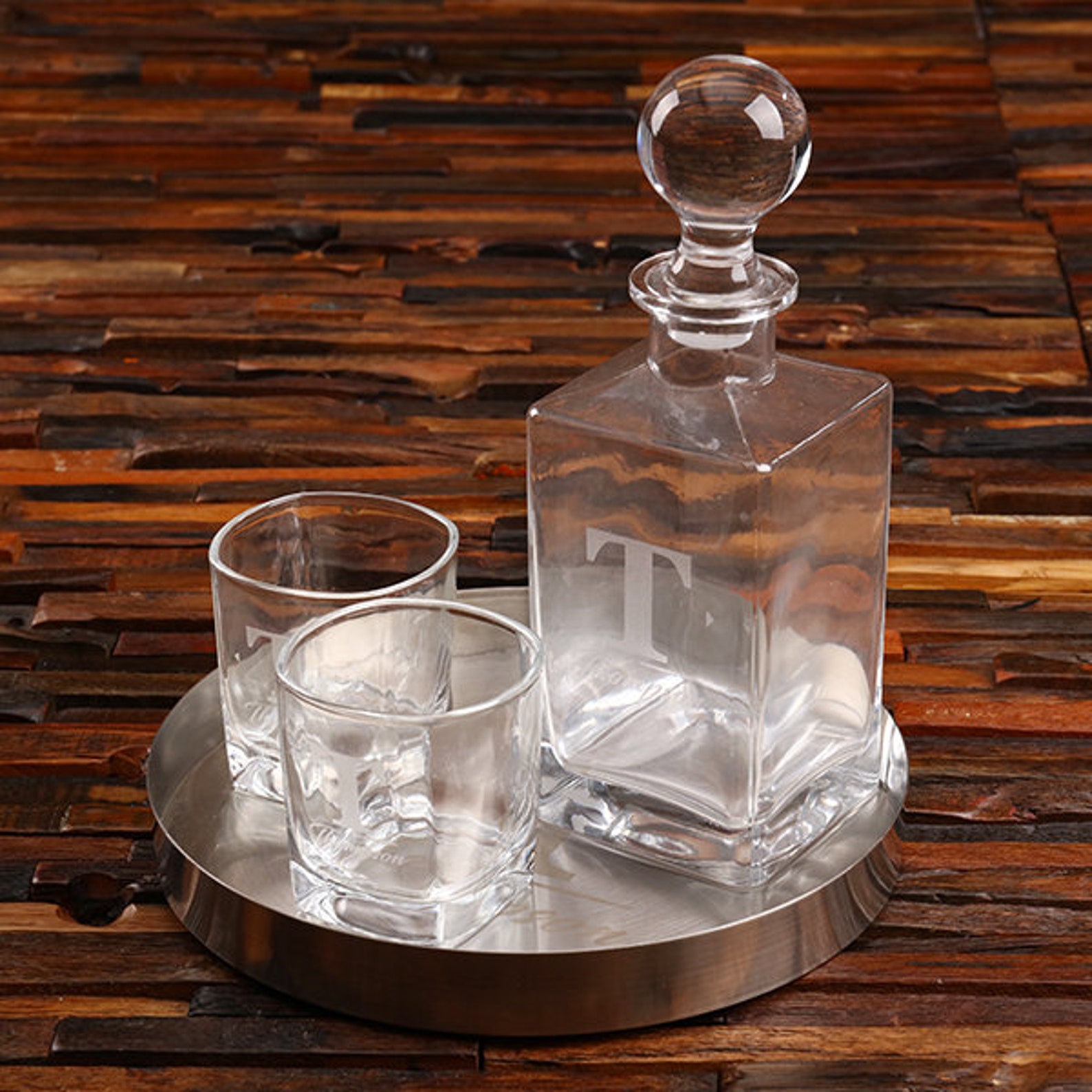 Whiskey Decanter Glasses and Round Bar Serving Tray | Etsy