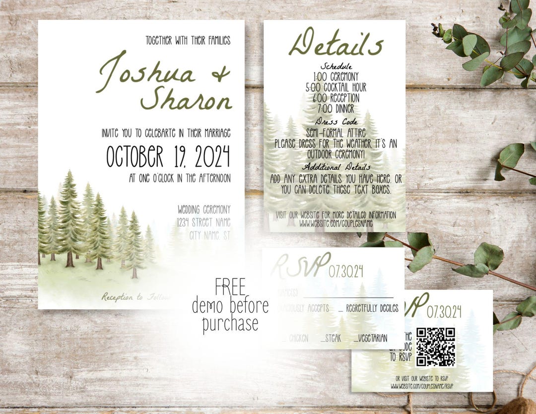 Watercolor Forest Invitation Suite Outdoorsy Wedding Boho Nature ...