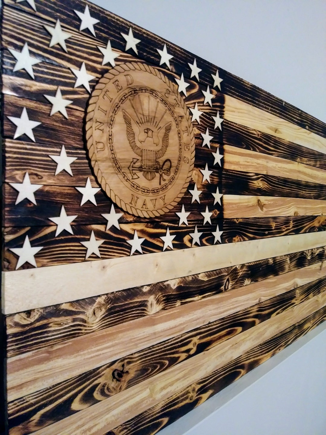 Rustic Burned Wood Navy American Flag - FREE SHIPPING - Etsy