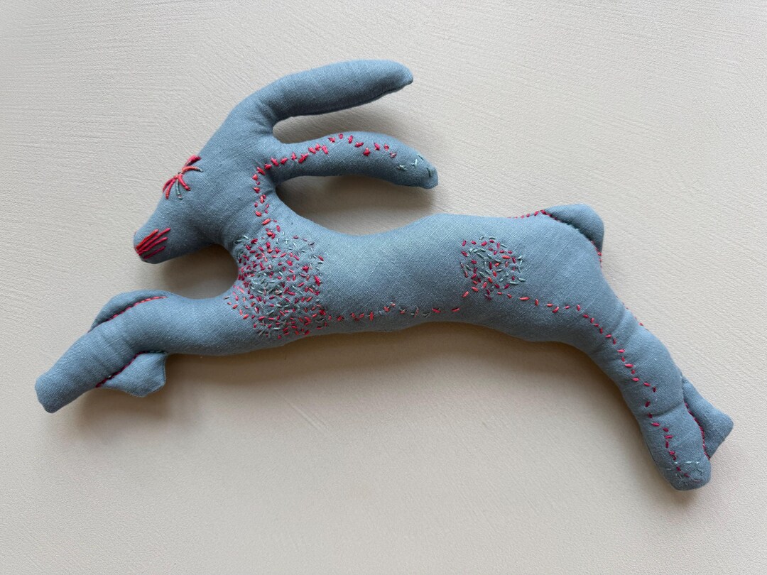 Blue Bunny Linen Sashiko Embroidery Lucky Charm Rabbit Art Project - Etsy