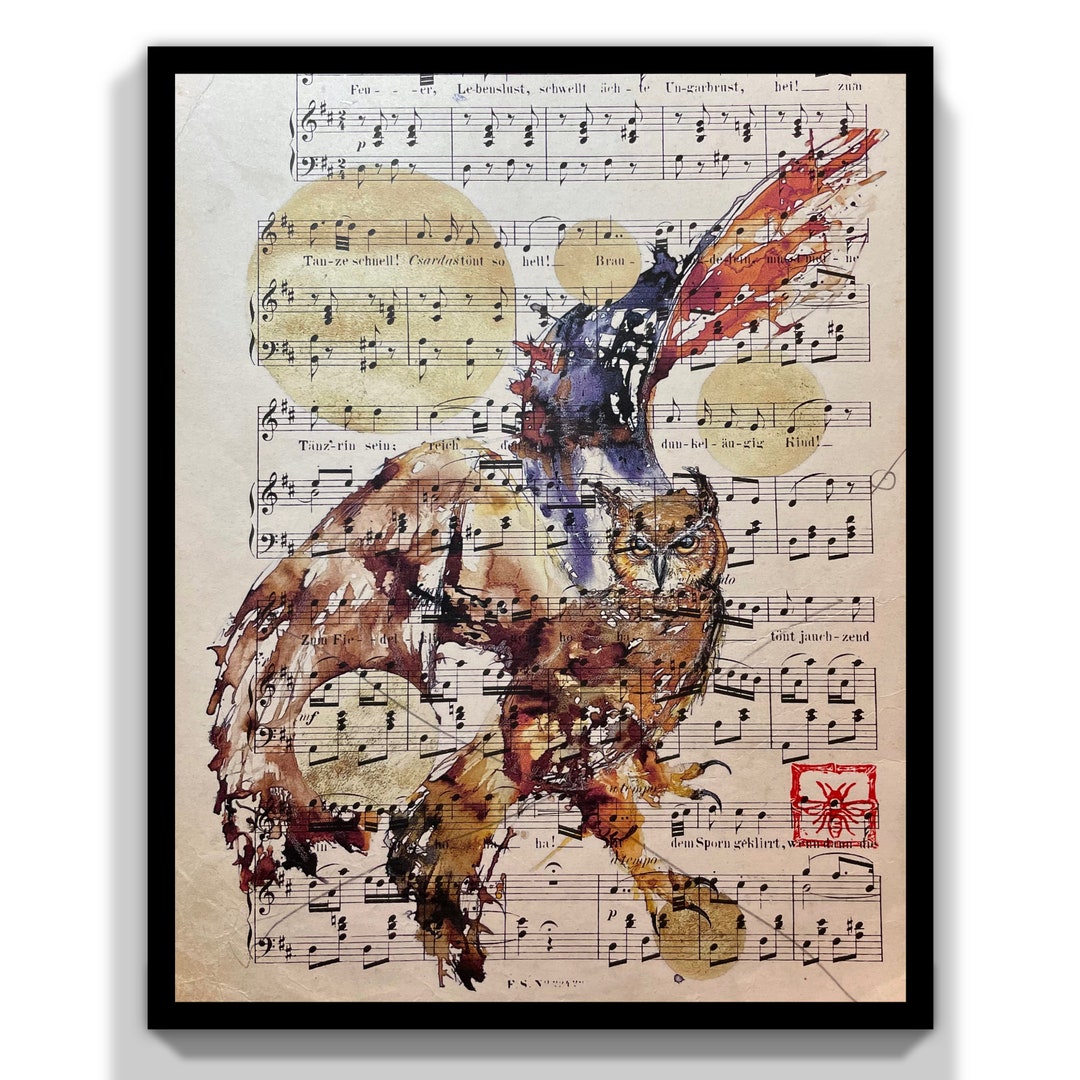 Owl Eagle Owl Screech Music Sheet Vintage Print Music Orchestra Bird ...