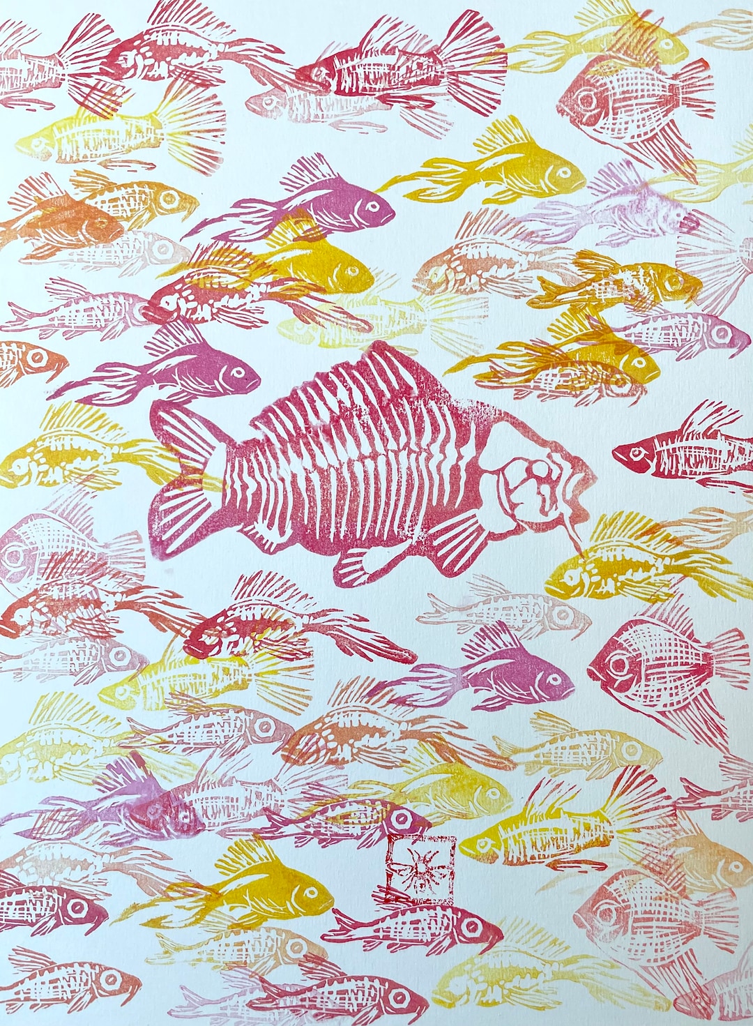 Linocut Print Fish Shoal Koi Carp Goldfish - Etsy