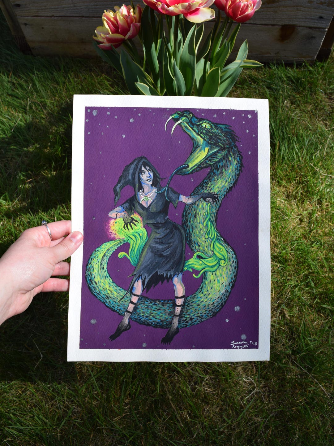 Serpent Witch & Metal Flask - Original Gouache Painting - Dark Woman ...