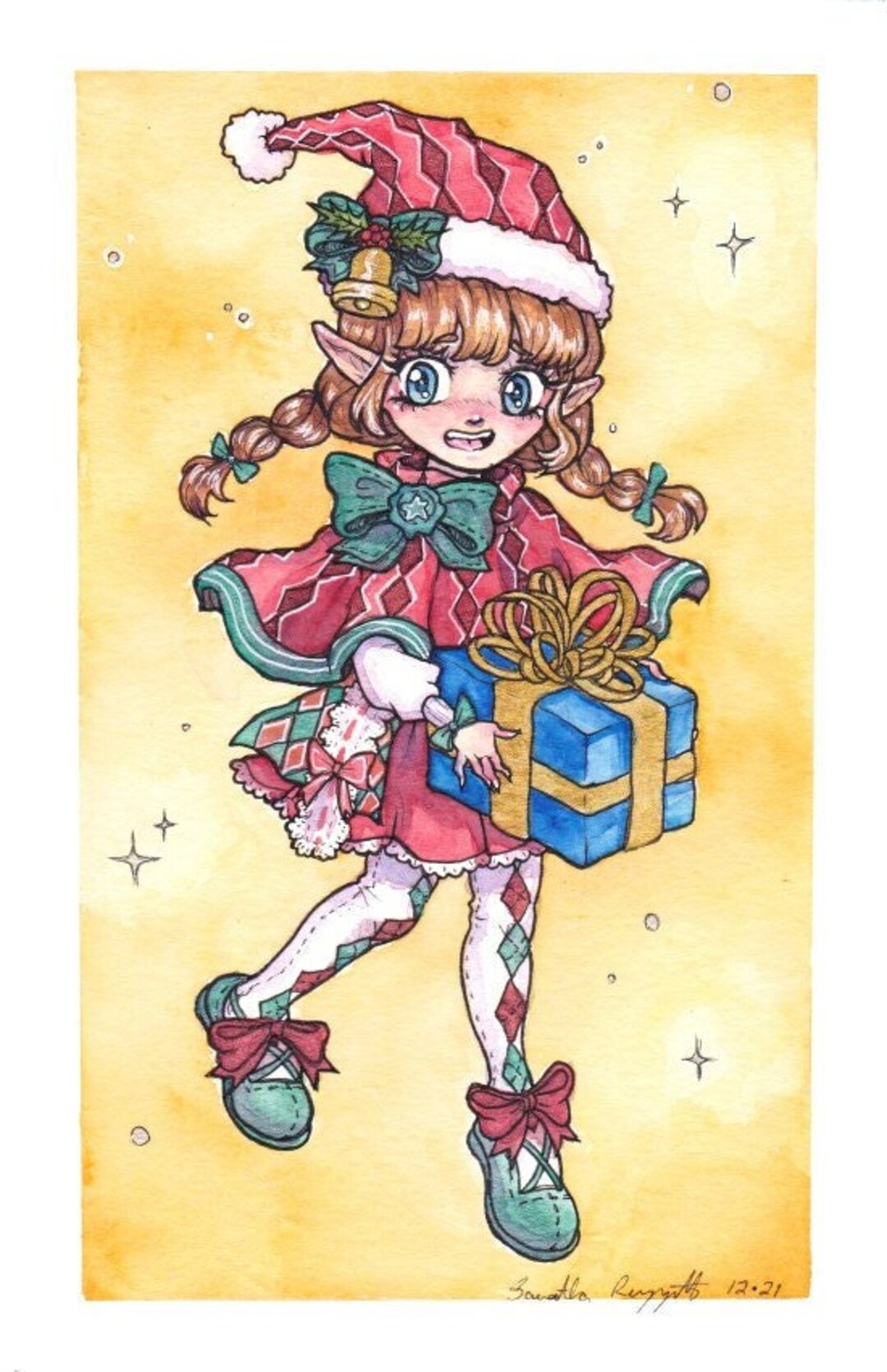 Santa's Elf - Original Anime Watercolor Illustration - Cute Christmas ...