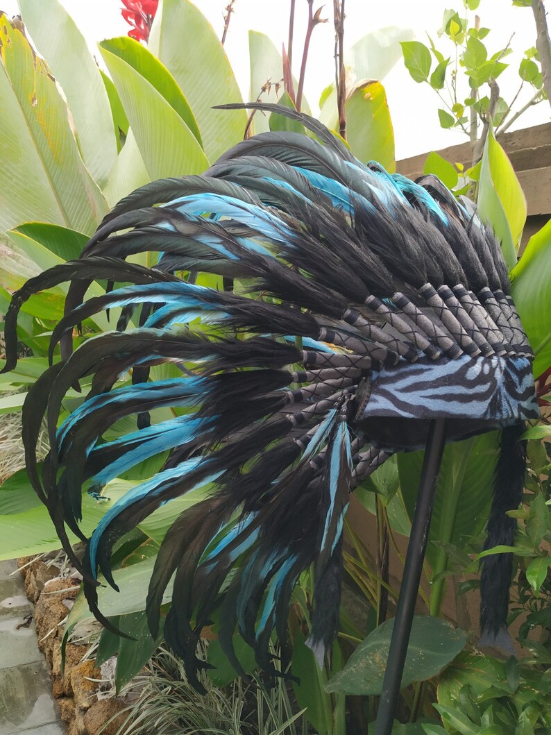 Short Indian Headdress Blue Zebra Animal Headband With Turquoise and ...