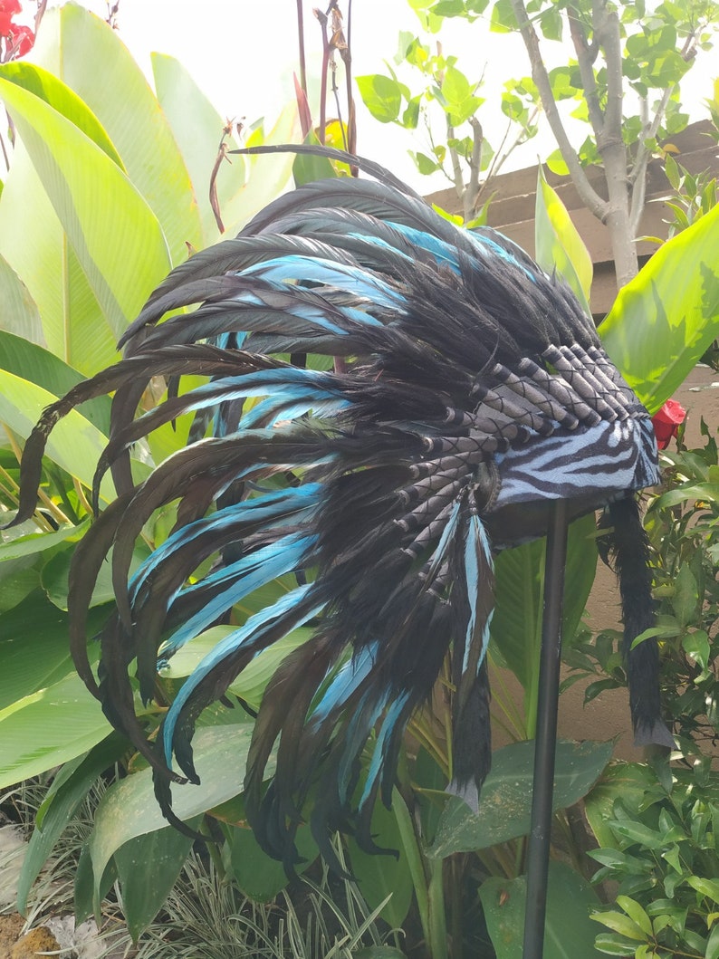 Short Indian Headdress Blue Zebra Animal Headband With Turquoise and ...