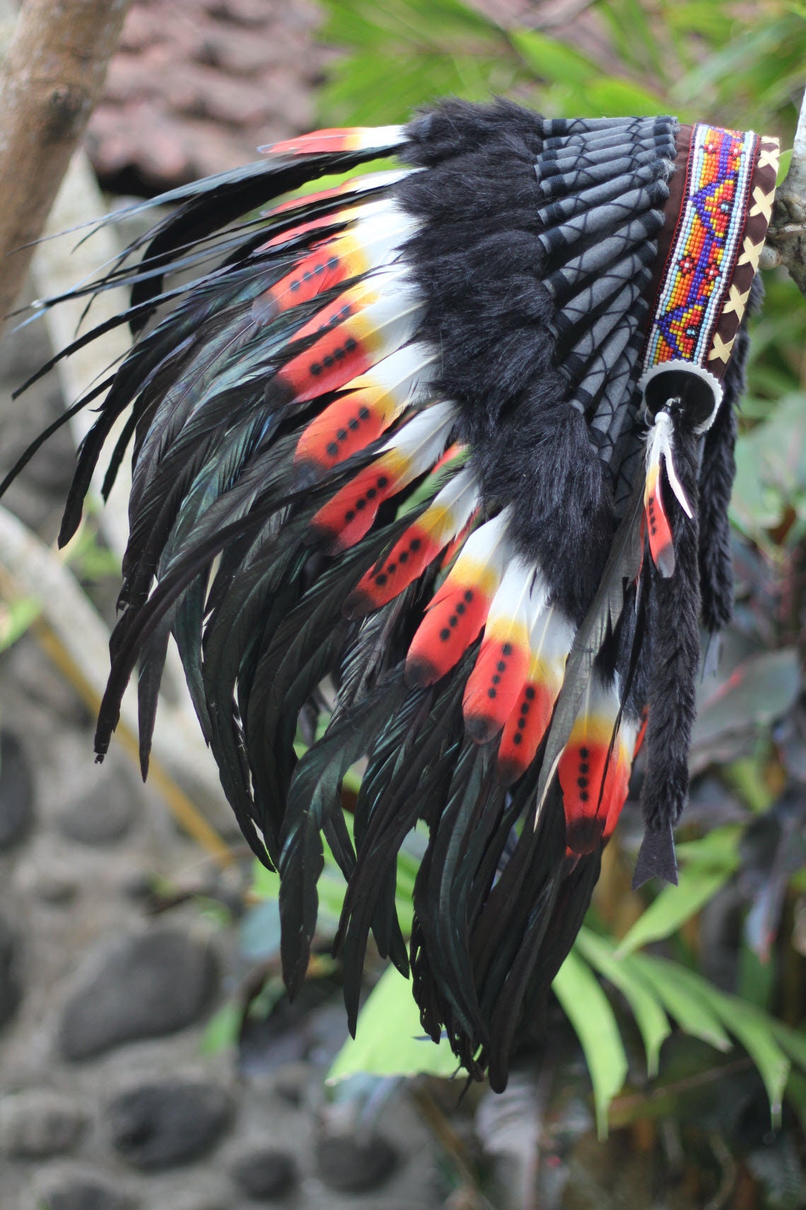 Short Double Feather Indian Headdress Replica Made With Natural Rooster ...