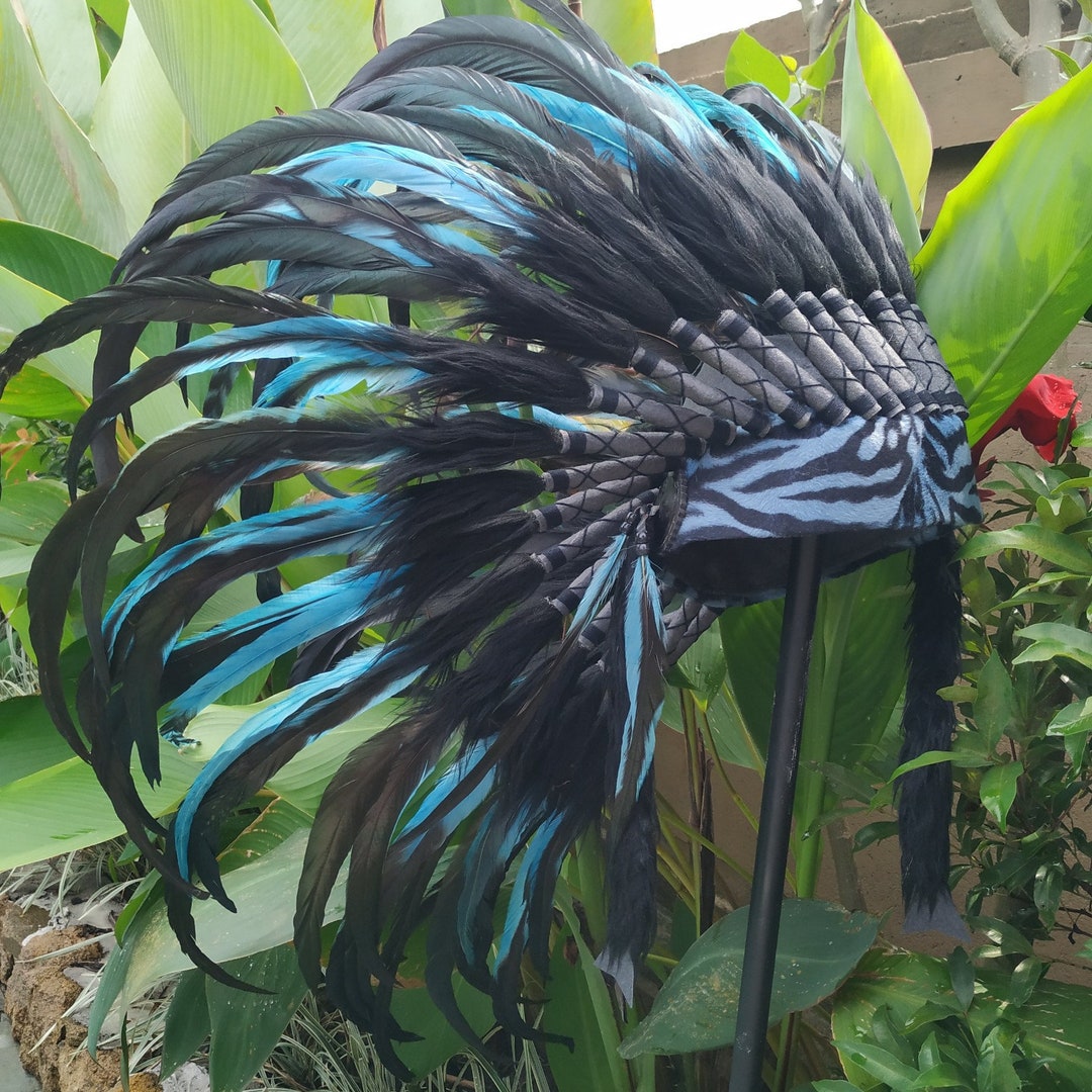 Short Indian Headdress Blue Zebra Animal Headband With Turquoise and ...