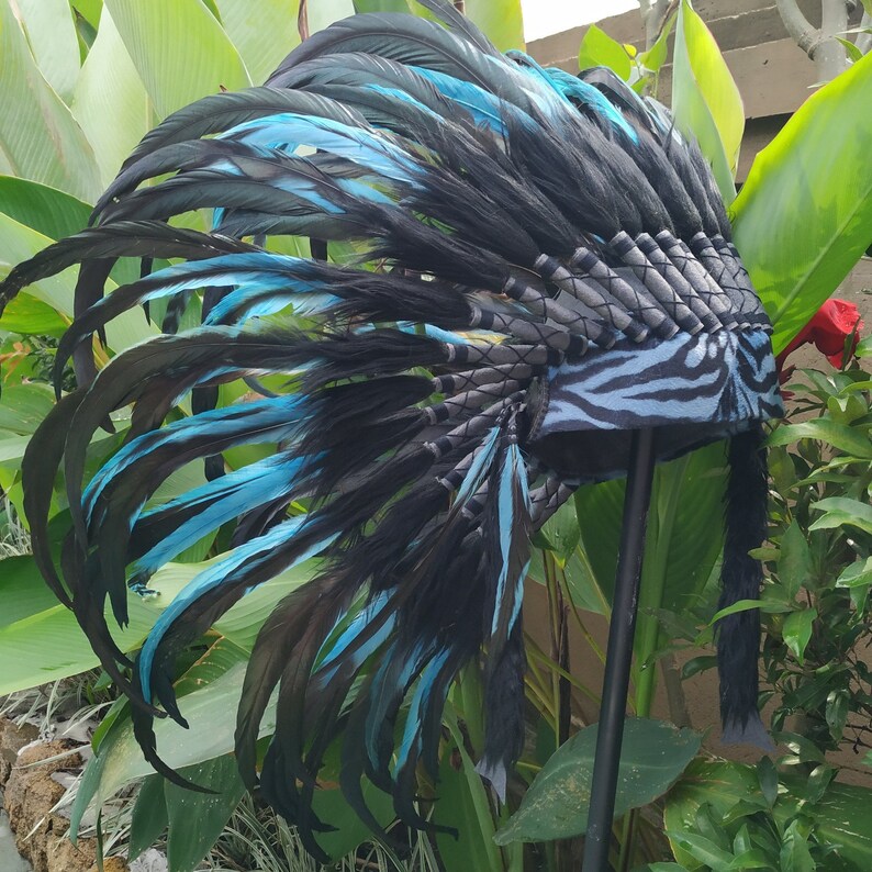 Short Indian Headdress Blue Zebra Animal Headband With Turquoise and ...