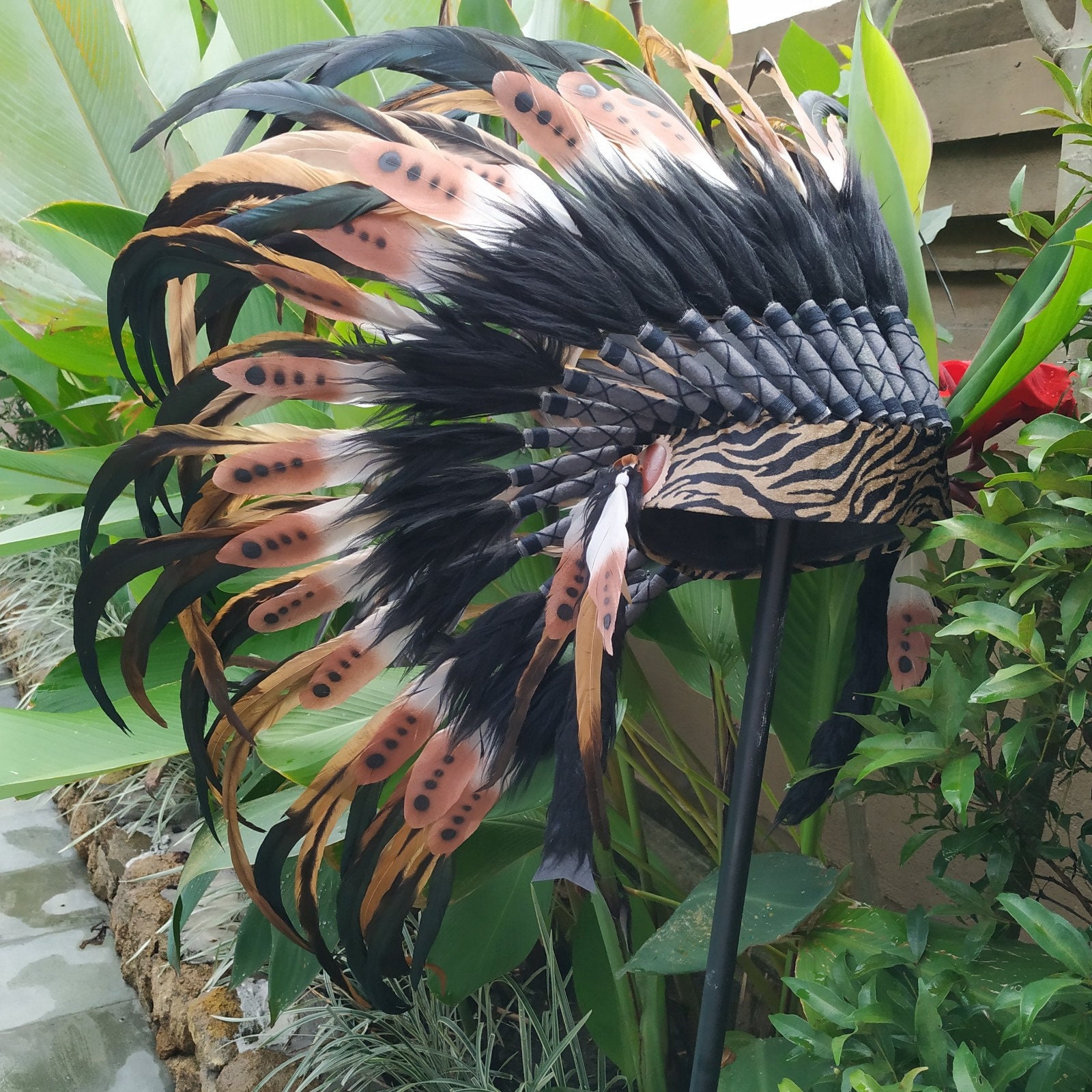 Short Indian Headdress Brown Zebra Animal headband with large | Etsy