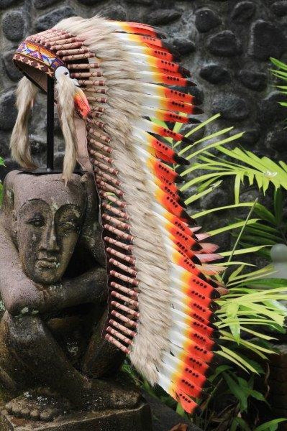 Long Indian Headdress Replica Made With White Swan Feathers Painted ...