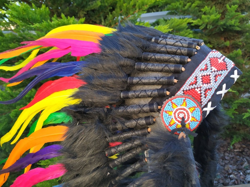 Long Rainbow Indian Headdress Replica Made With Rooster Dyed Feathers ...