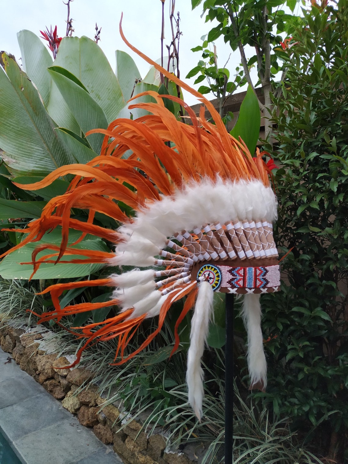 Short Indian Headdress Replica made with dyed orange rooster | Etsy