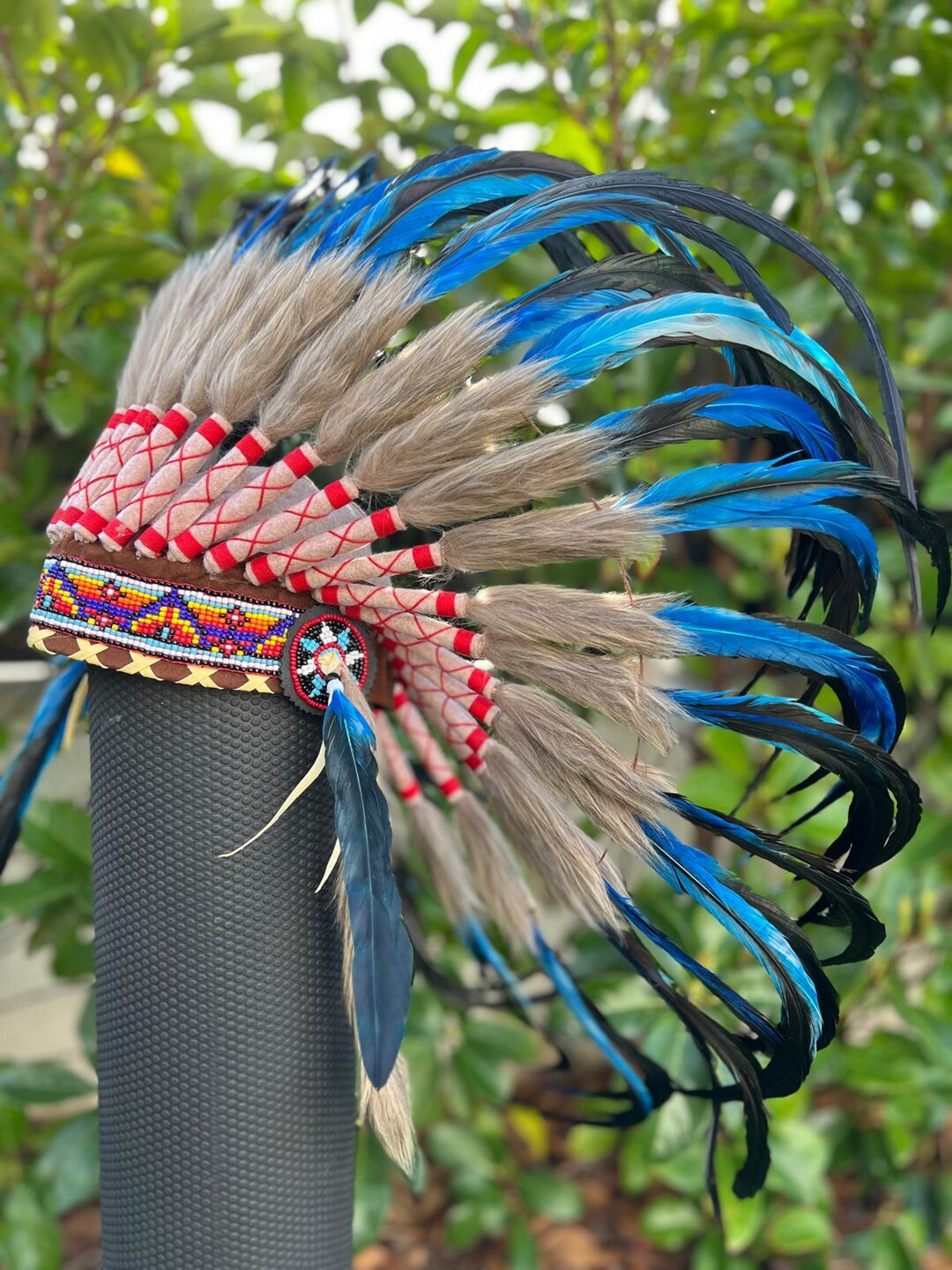 Short Blue Indian Headdress Replica Made Dyed Rooster Feathers and ...