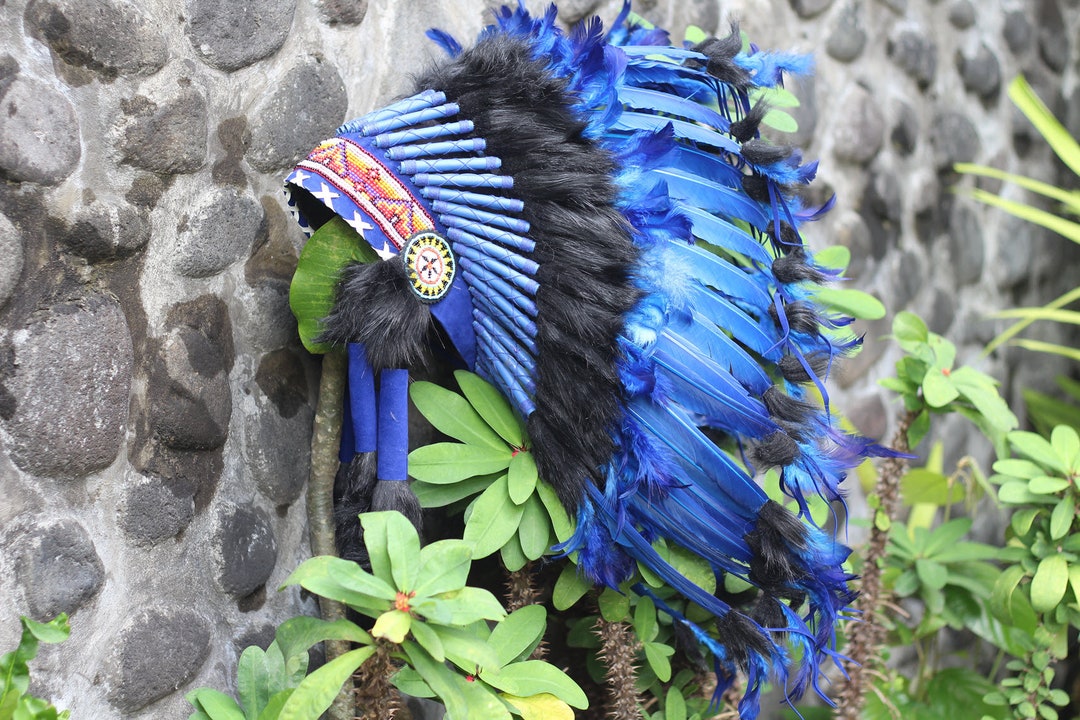Short Blue Indian Headdress Replica Made With Blue Swan Feathers and ...