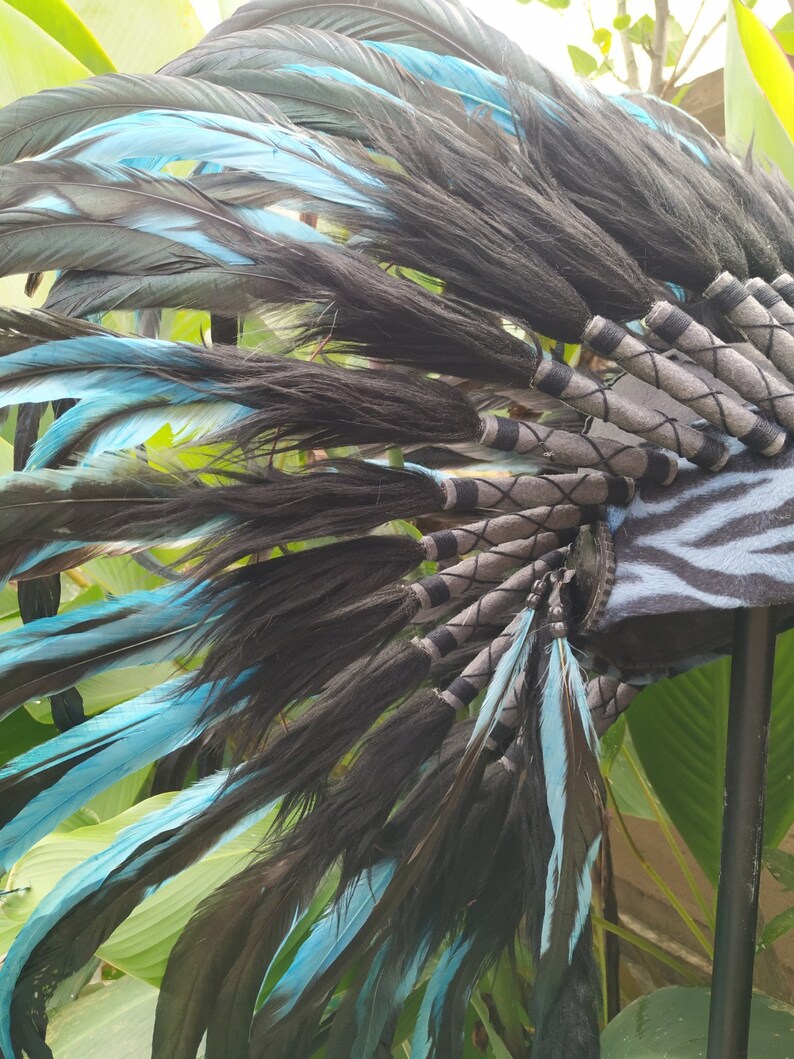 Short Indian Headdress Blue Zebra Animal Headband With Turquoise and ...