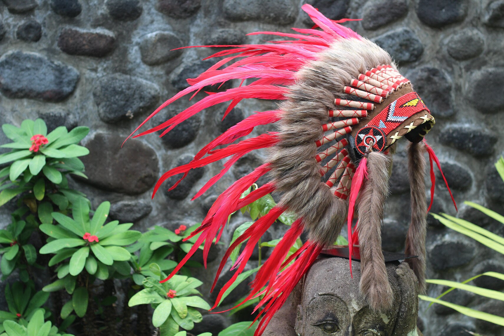 Short Indian Headdress Replica made with real dyed full red | Etsy