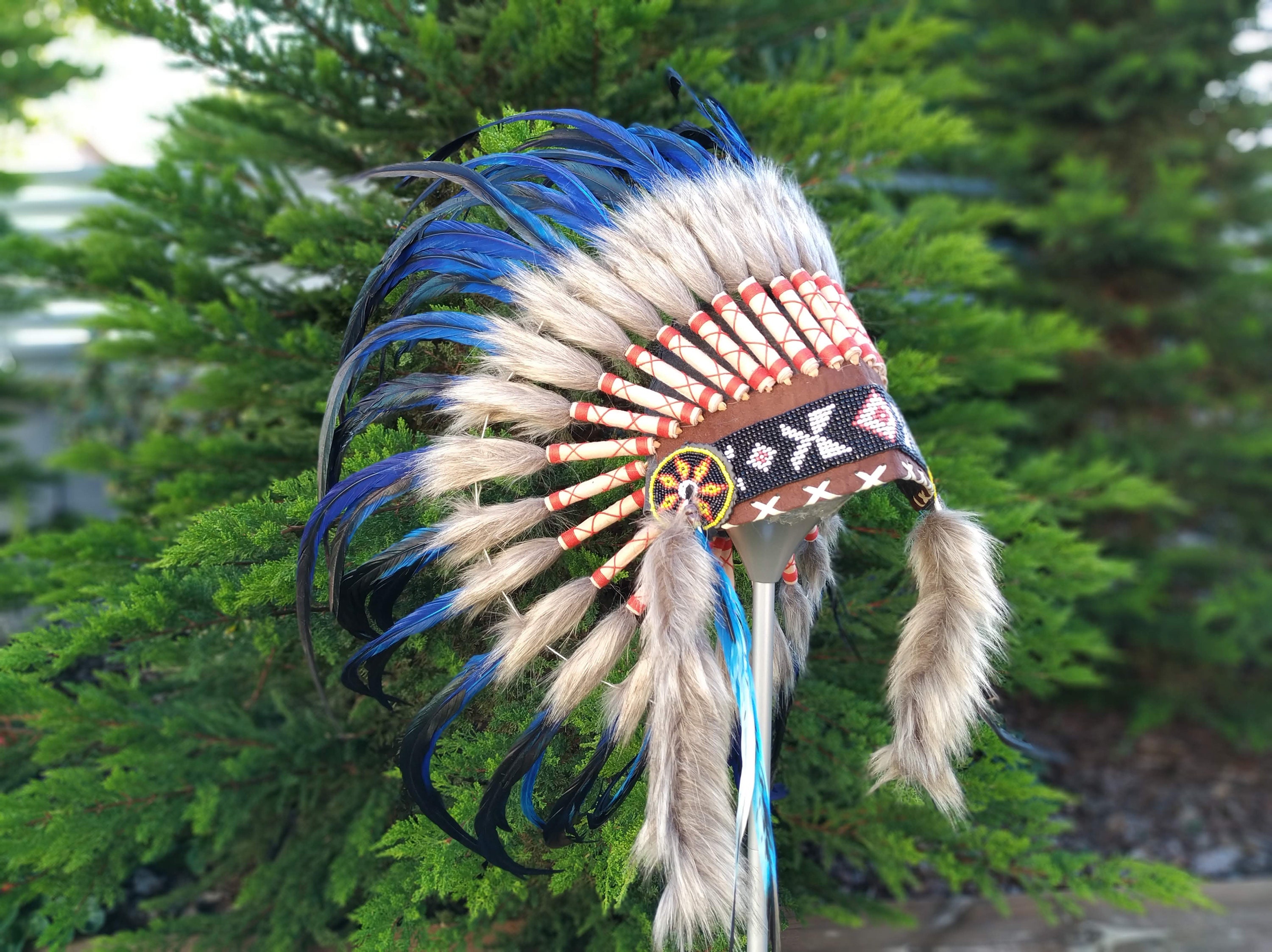 Short Blue Indian Headdress Replica Made With Blue Dyed Rooster ...