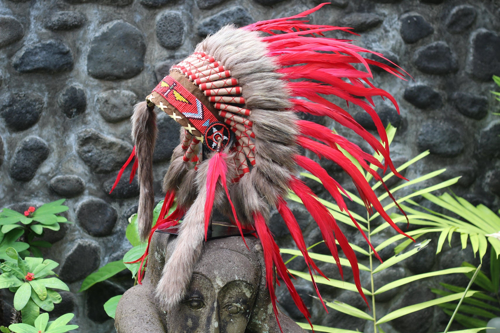Short Indian Headdress Replica Made With Real Dyed Full Red Rooster ...