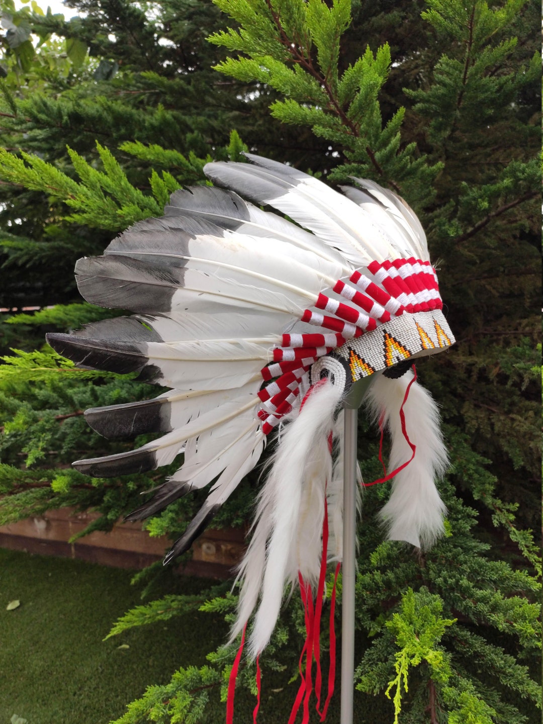 Short Red Indian Headdress Replica Made With Big Turkey Feathers and ...