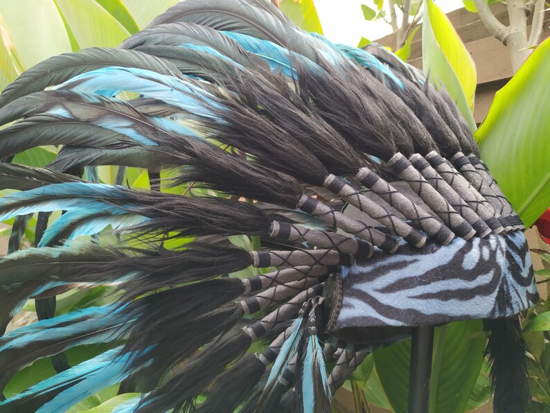Short Indian Headdress Blue Zebra Animal Headband With Turquoise and ...