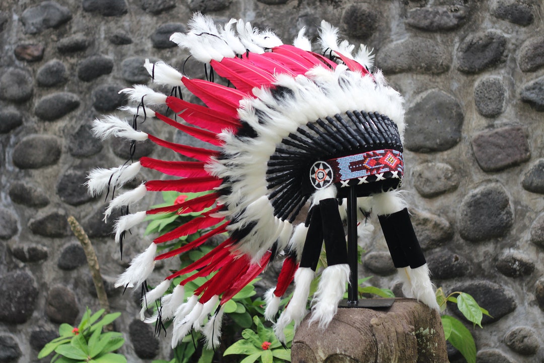 Short Red Indian Headdress Replica Made With Red Swan Feathers and ...