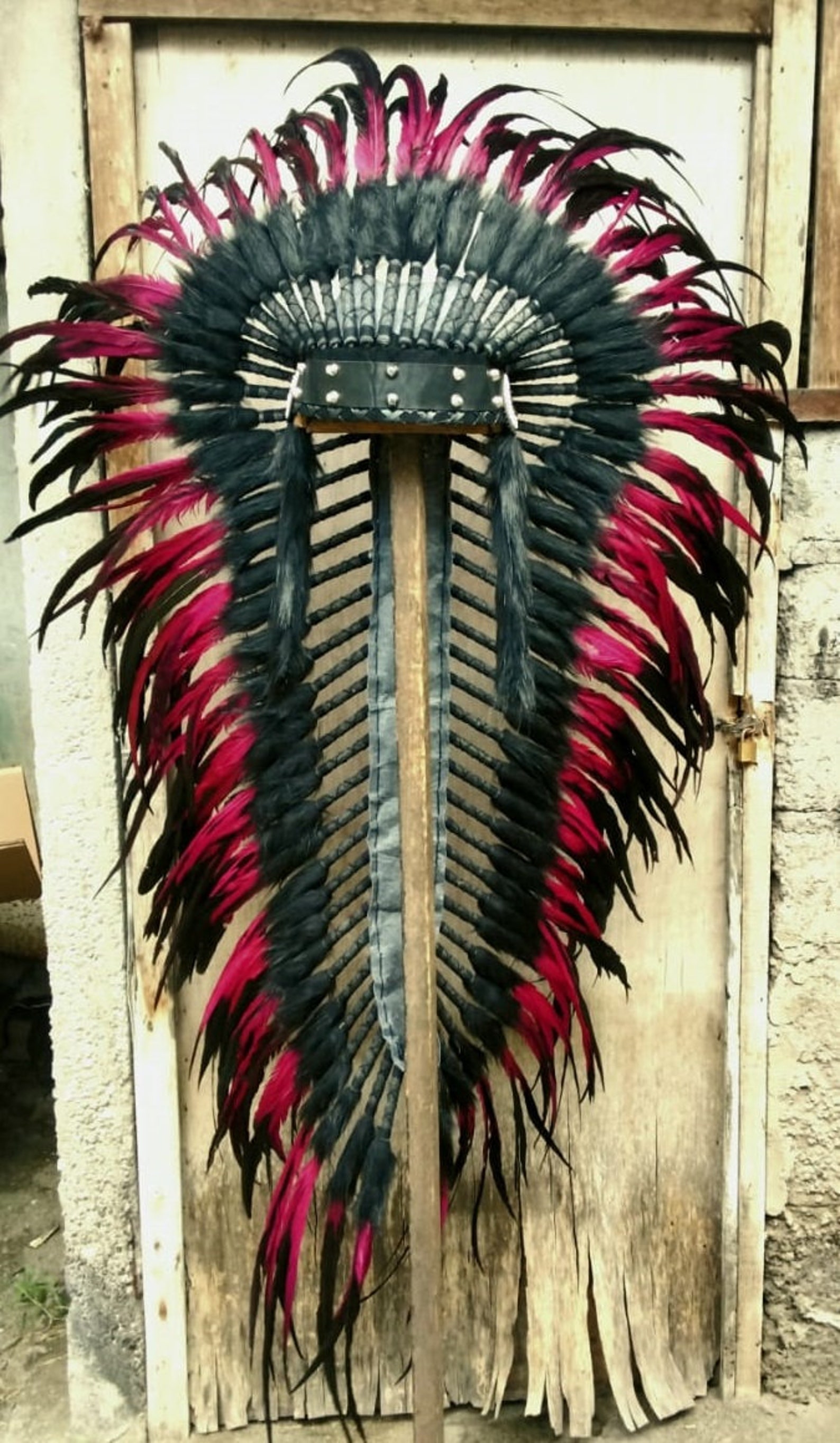 Long Red Indian Headdress Replica Made With Rooster Dyed Feathers and ...