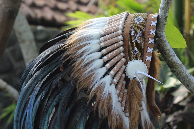 Short Indian Headdress Replica Made With Green Natural Rooster Feathers ...