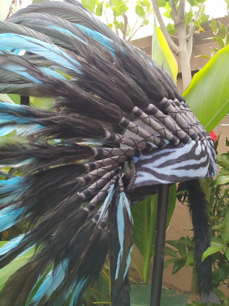 Short Indian Headdress Blue Zebra Animal Headband With Turquoise and ...