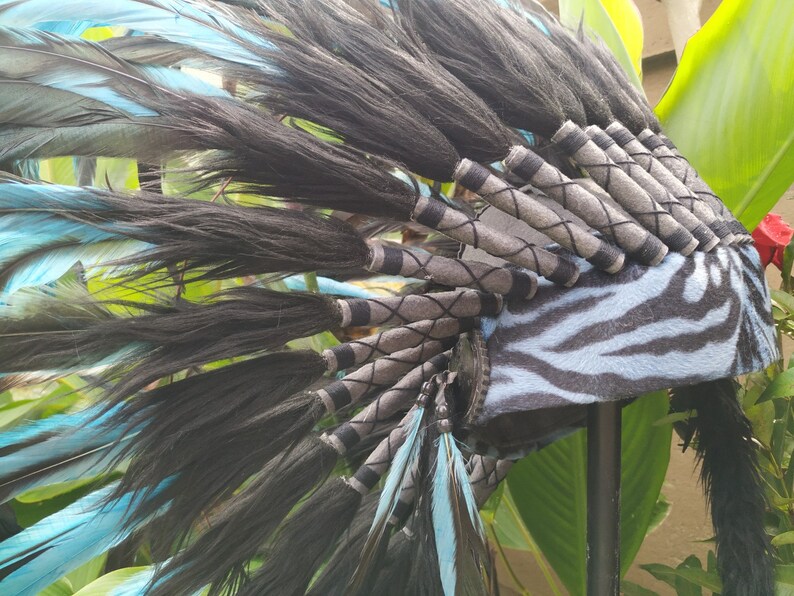 Short Indian Headdress Blue Zebra Animal Headband With Turquoise and ...