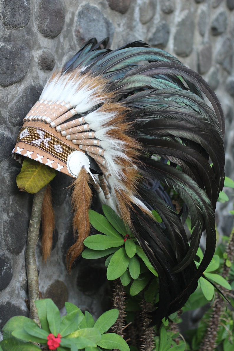 Short Indian Headdress Replica Made With Green Natural Rooster Feathers ...