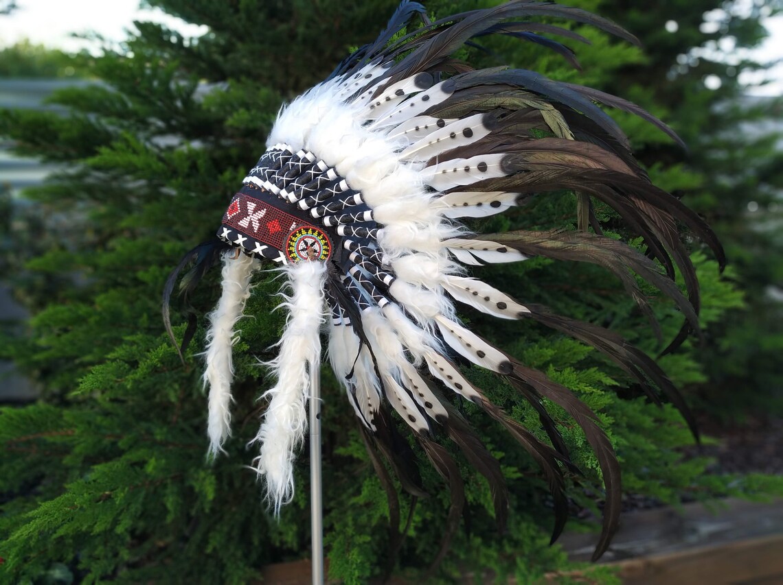Short Double Feather Indian Headdress Replica Made With Natural Rooster ...