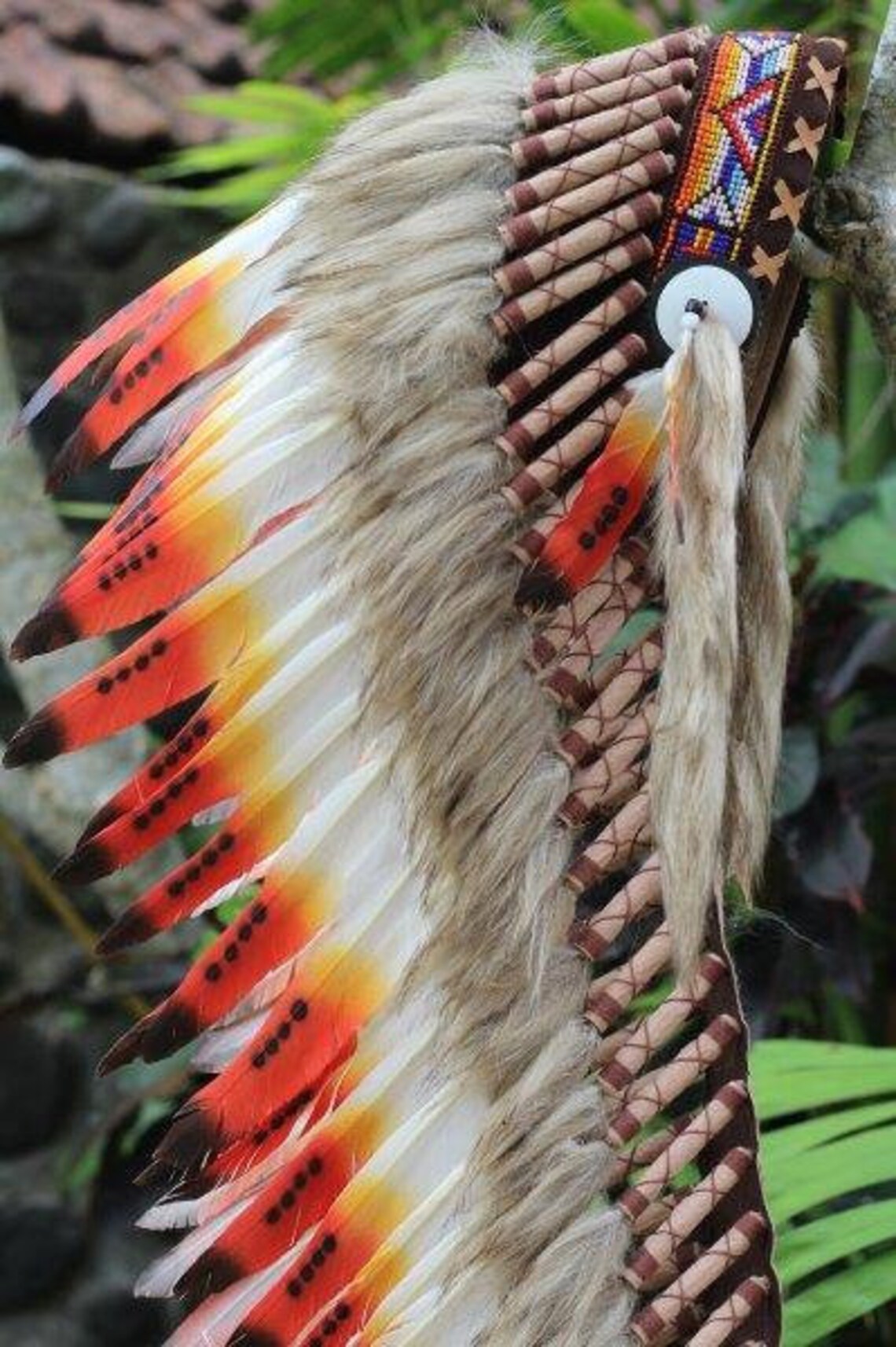 Long Indian Headdress Replica Made With White Swan Feathers Painted ...
