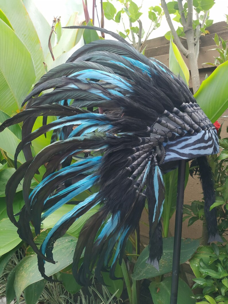 Short Indian Headdress Blue Zebra Animal Headband With Turquoise and ...