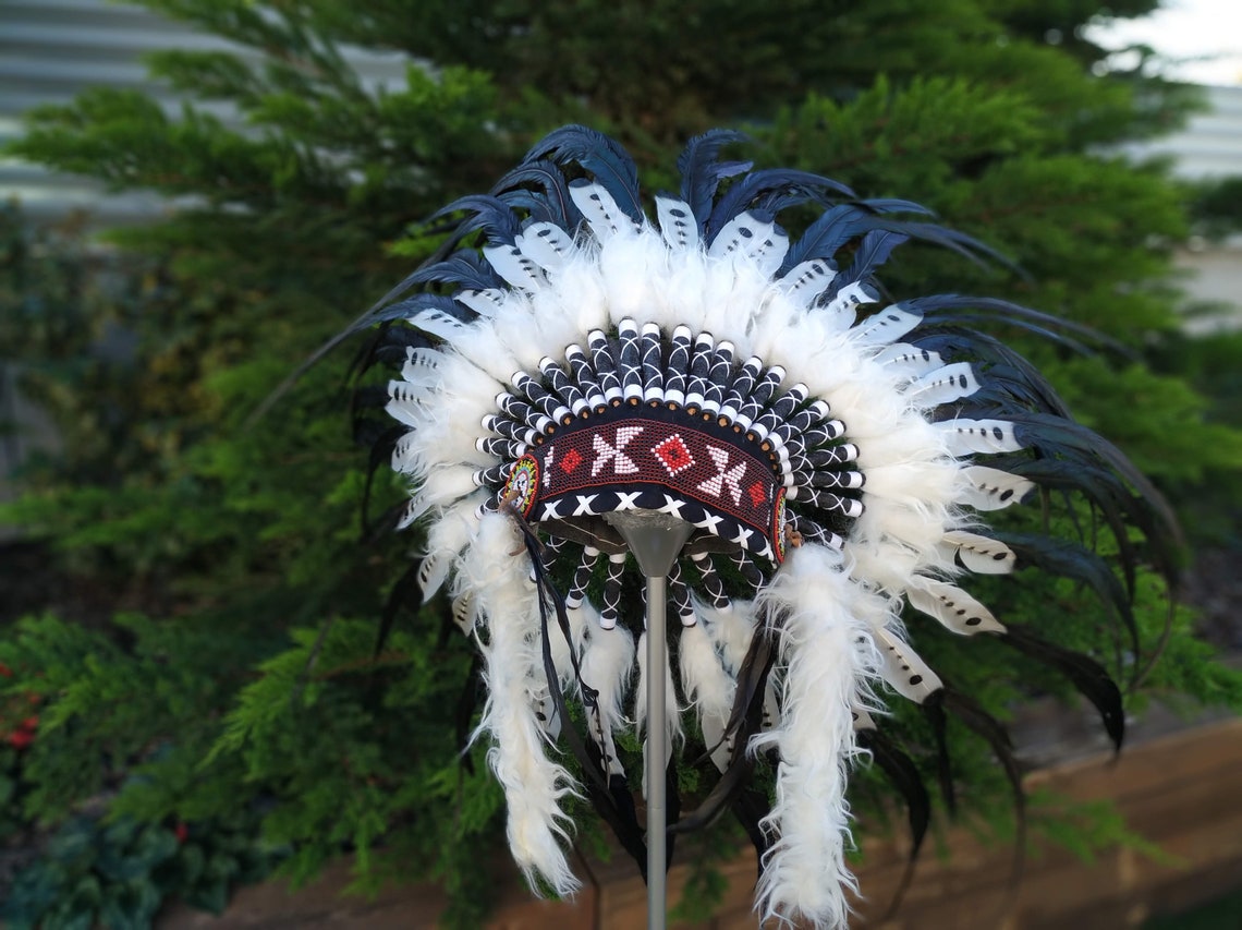Short Double Feather Indian Headdress Replica Made With Natural Rooster ...